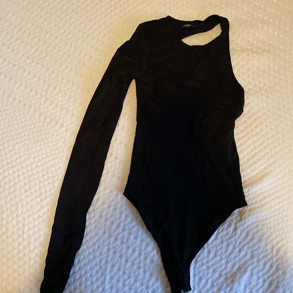 Zara | Tops | Zara Black Bodysuit Side Long Sleeve 2 Side Halter | Poshmark